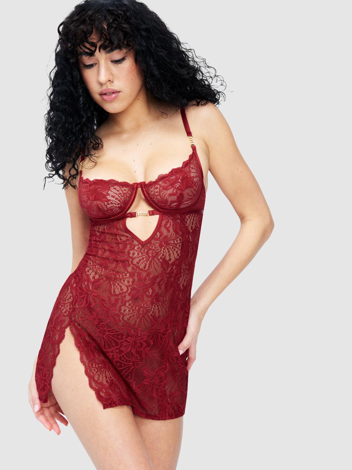 Olivia Lace Chemise Lingerie in Red Dhalia by FREDERICK'S OF HOLLYWOOD | jellibeans