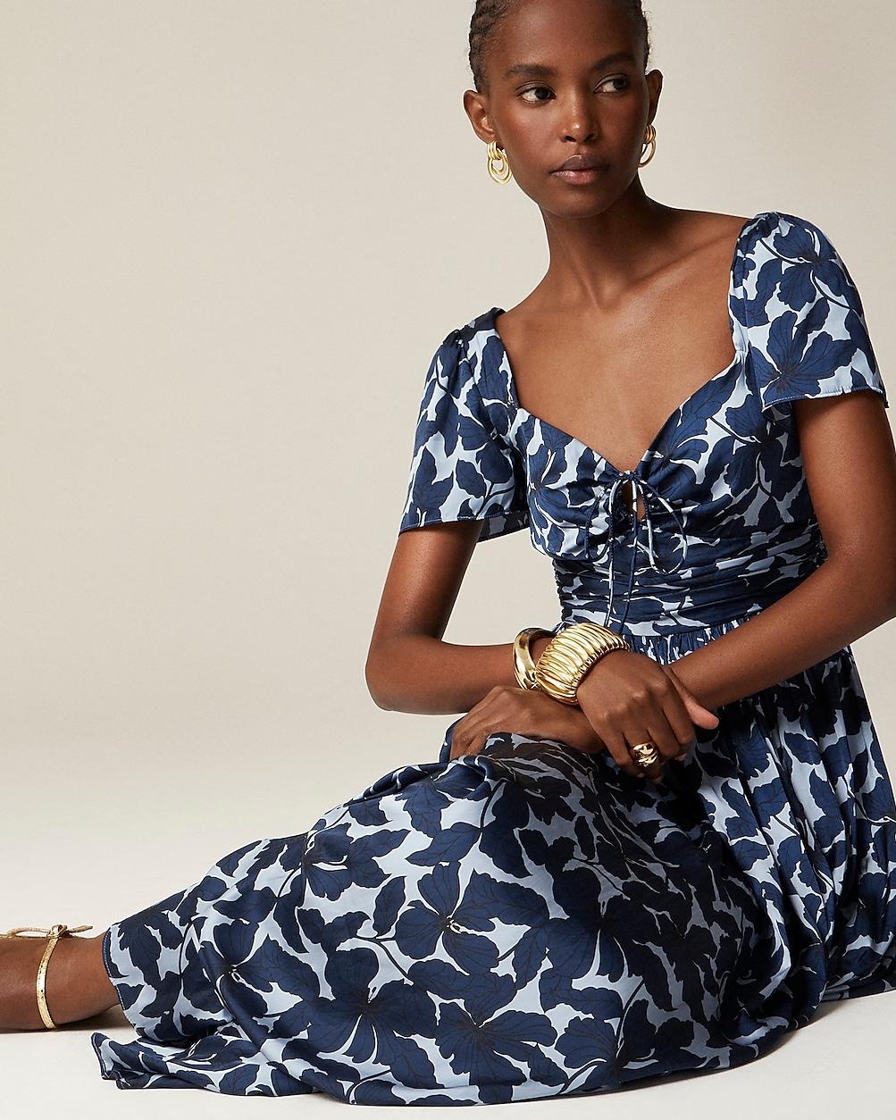 Tie-neck flutter-sleeve dress in printed luster crepe by J.CREW ...
