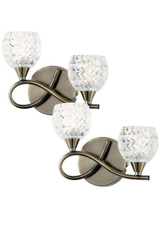 2 PACK LED Twin Wall Light Twist Arm Antique Brass Glass Pattern ...