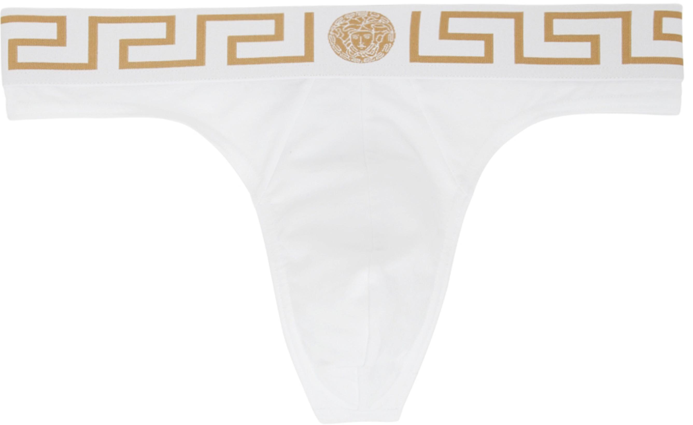 White Greca Border Thong by VERSACE | jellibeans